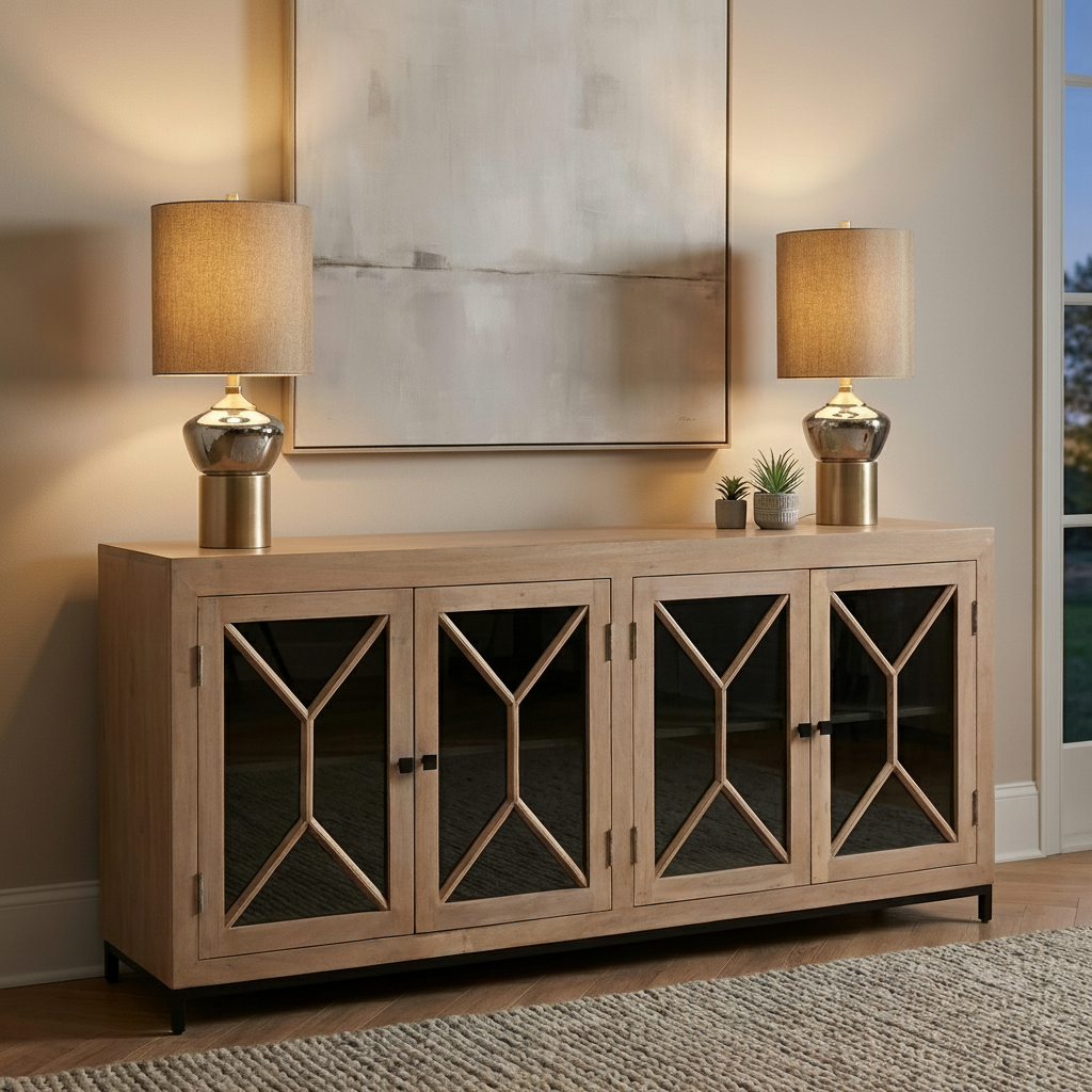 Candace 82" Smoked Glass 4 Door Sideboard - New White Wash – Classic ...